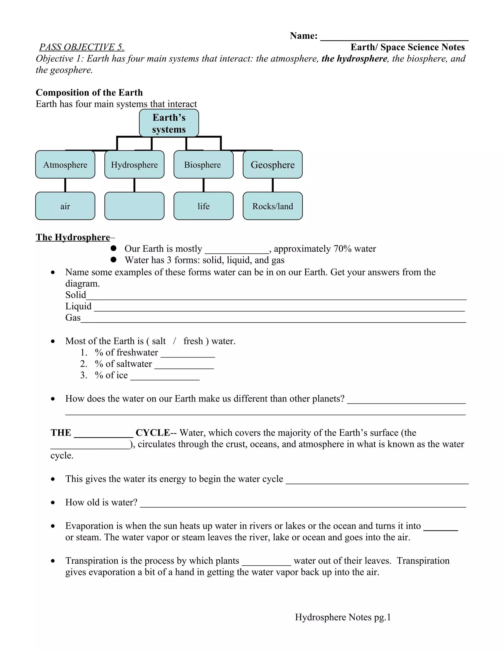 Earth Sciene. Hydrosphere Student notes | DOC