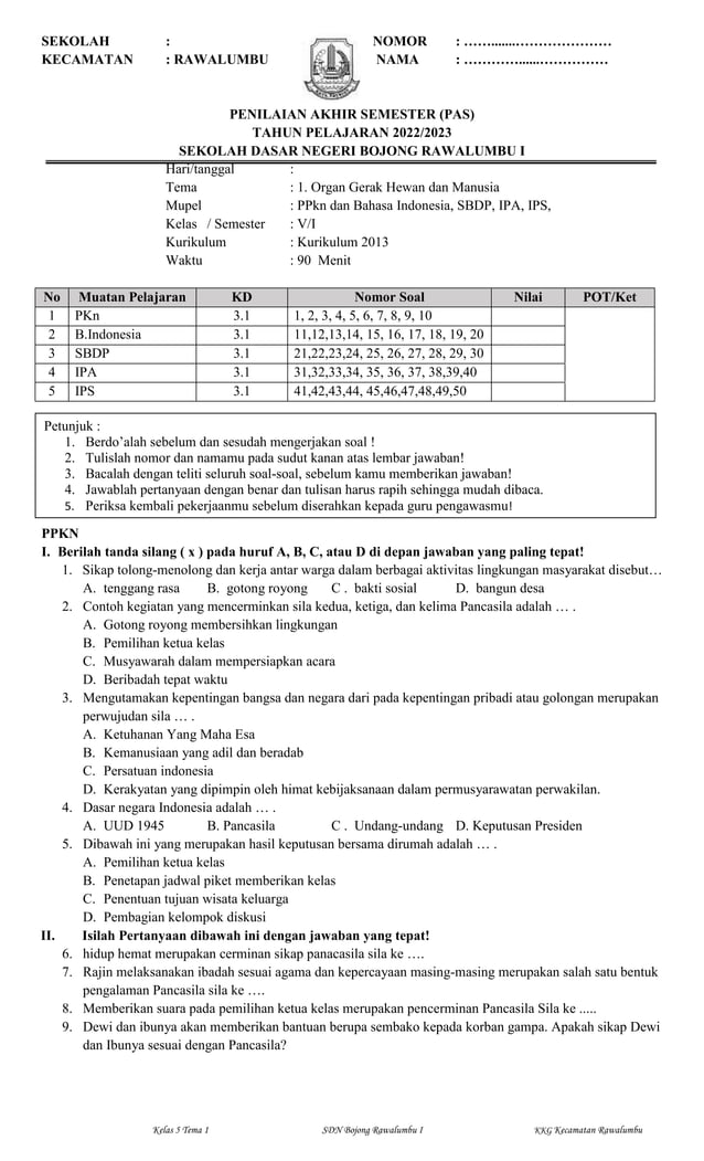 SOAL PAS KELAS 6 TEMA 1 | DOCX