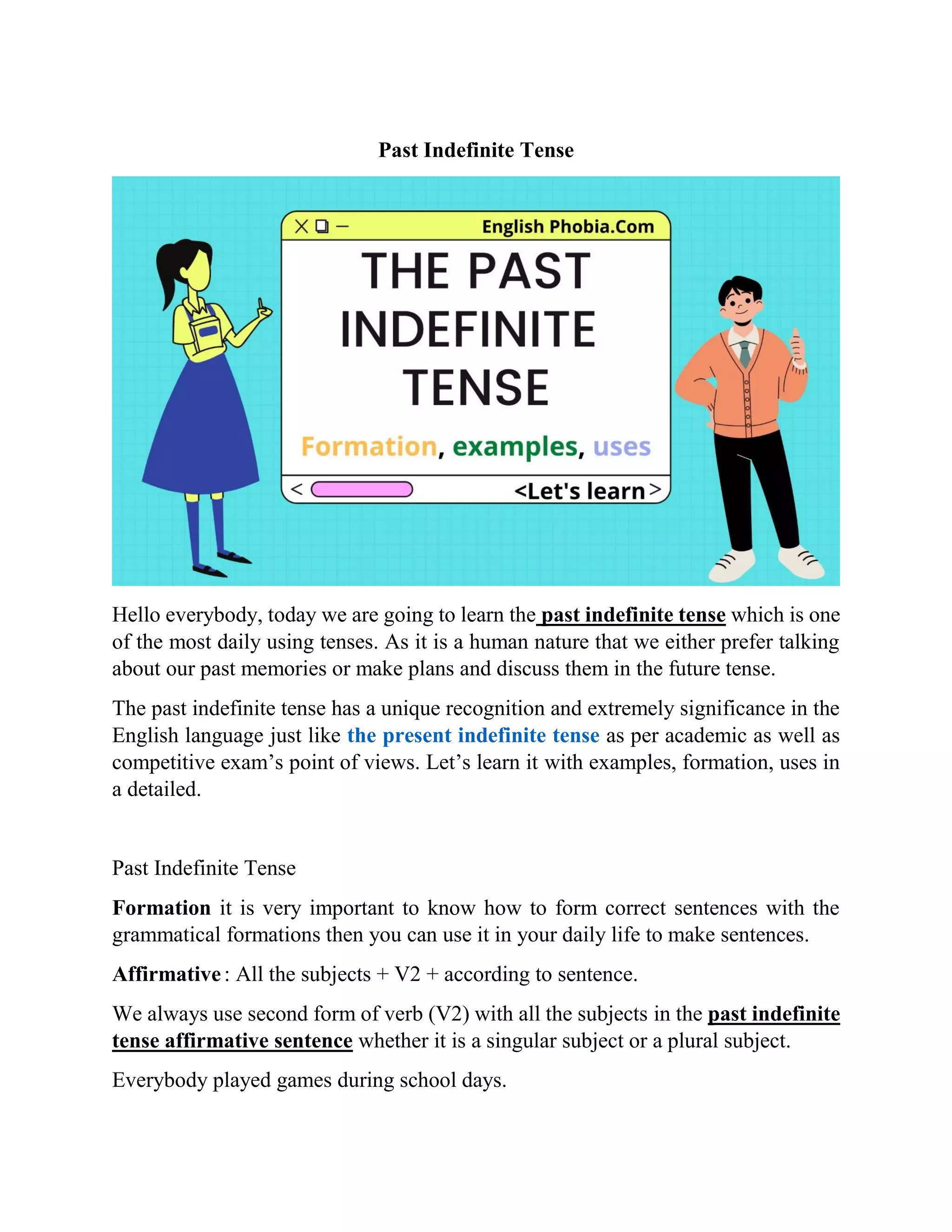 Past indefinite tense examples | PDF