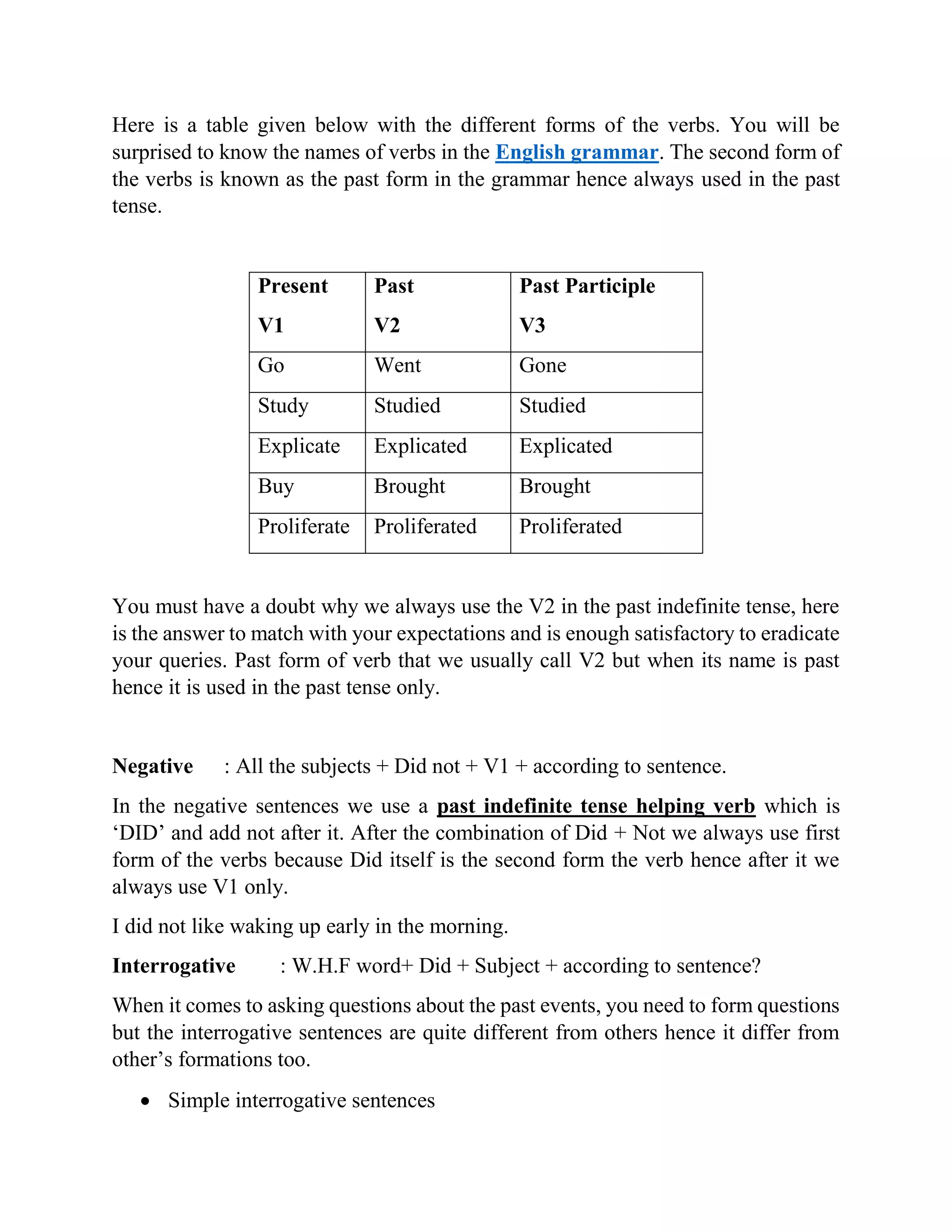 Past indefinite tense examples | PDF