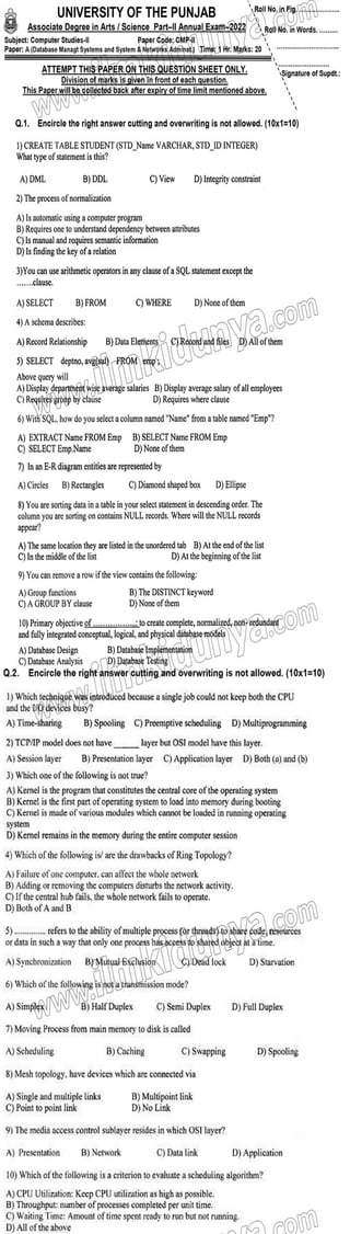 Past Paper 2022 Punjab University Computer Studies BA BSc Part II ...