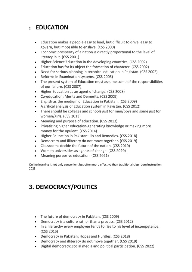 CSS Essay Past Paper Analysis(Topic-wise) 2000-2024 | DOCX