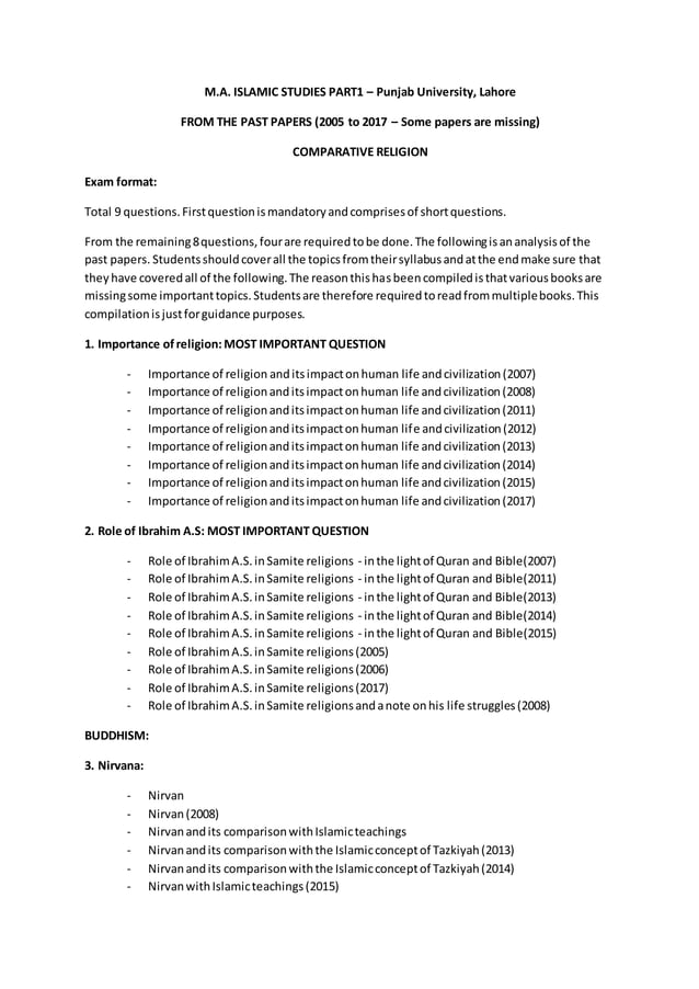 Past papers - Comparative religion - MA Islamic Studies - Part 1 ...