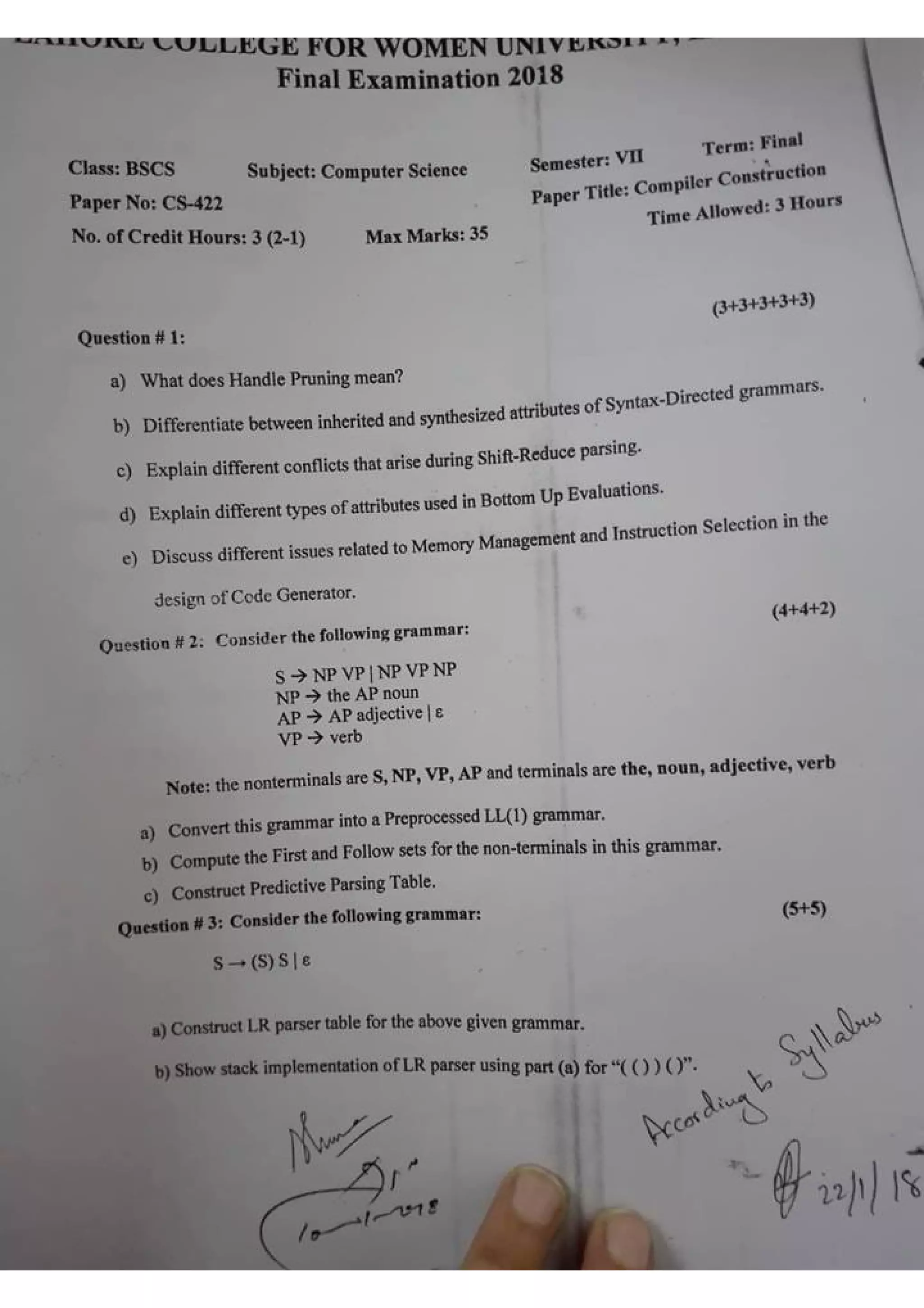 Past Papers (Compiler Construction).pdf