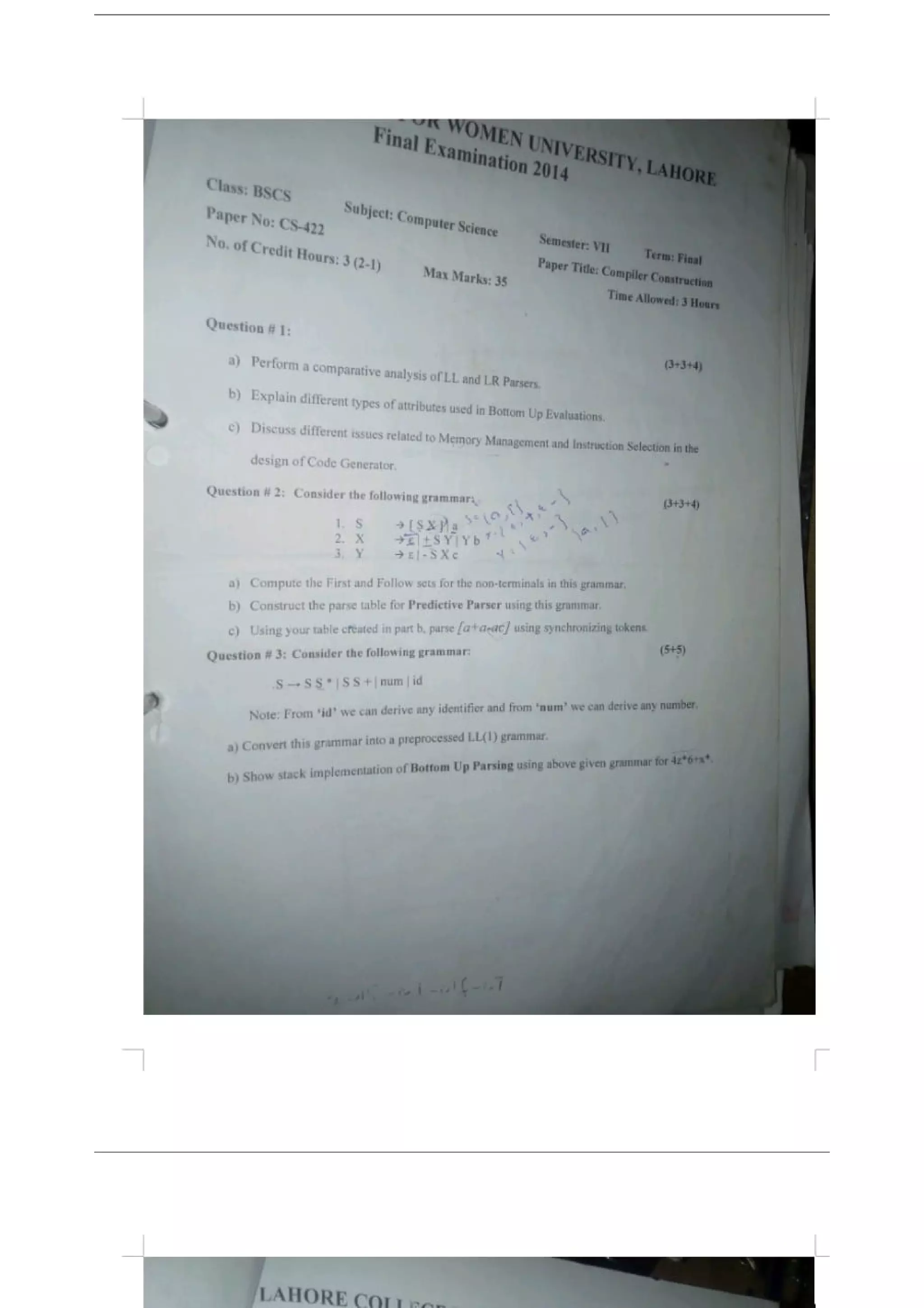 Past Papers (Compiler Construction).pdf