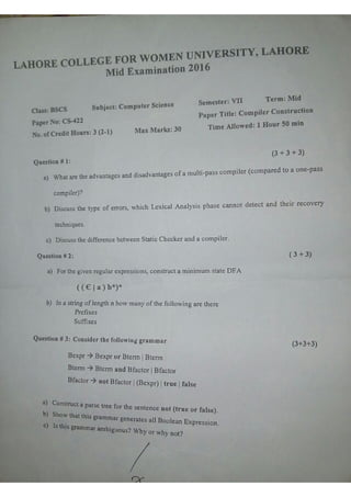 Past Papers (Compiler Construction).pdf