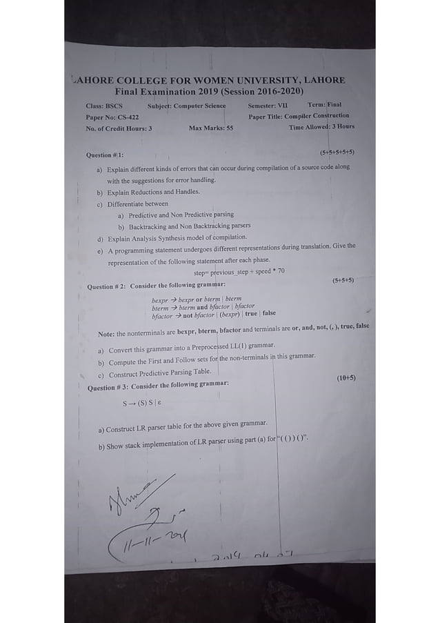 Past Papers (Compiler Construction).pdf