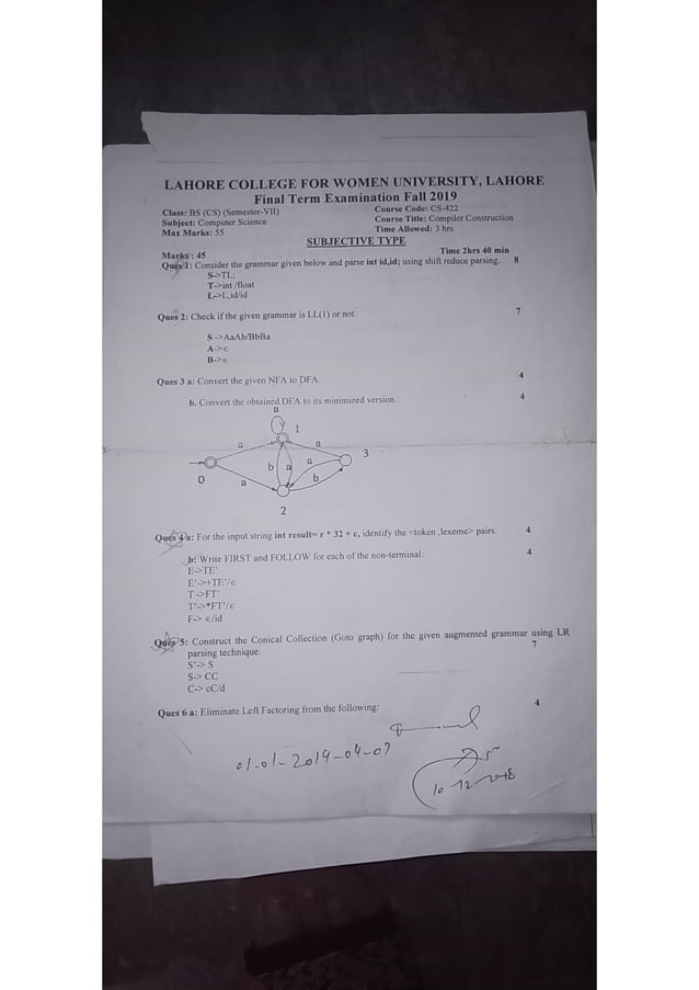 Past Papers (Compiler Construction).pdf