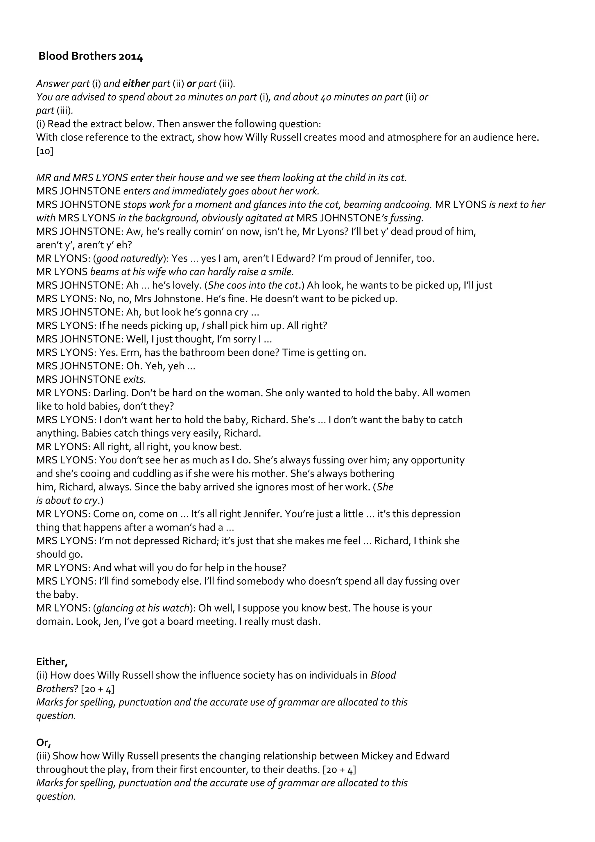 Blood Brothers: Past questions WJEC | DOC