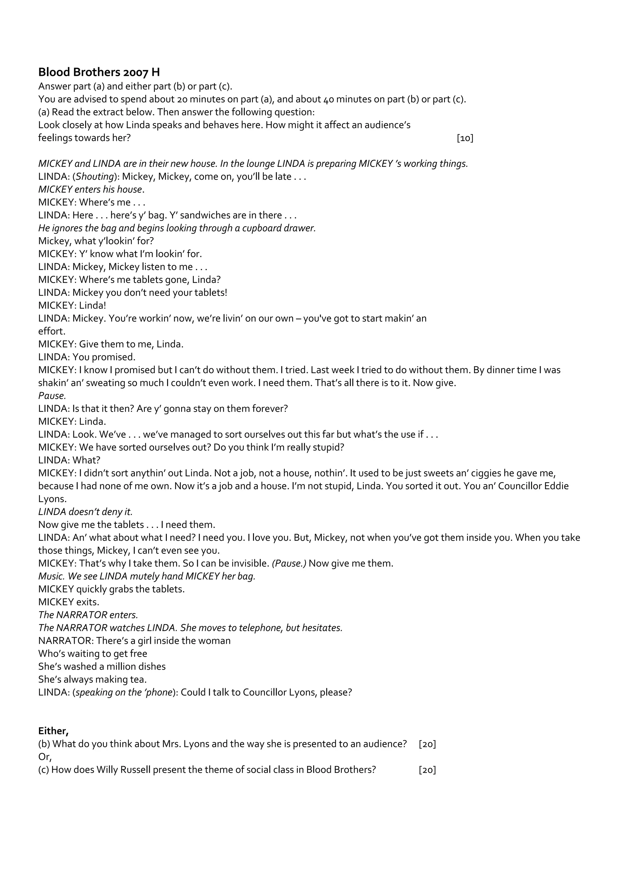 Blood Brothers: Past questions WJEC | DOC