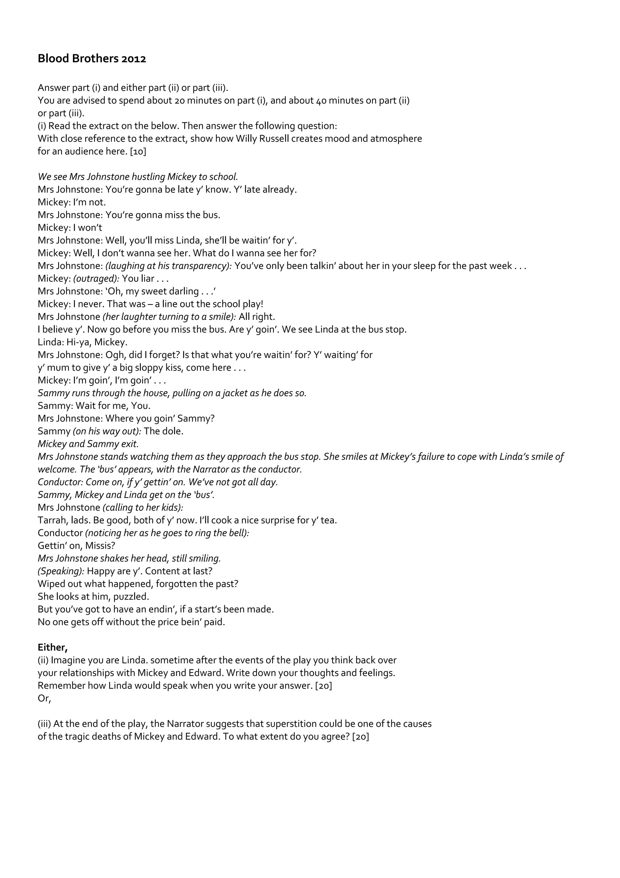 Blood Brothers: Past questions WJEC | DOC