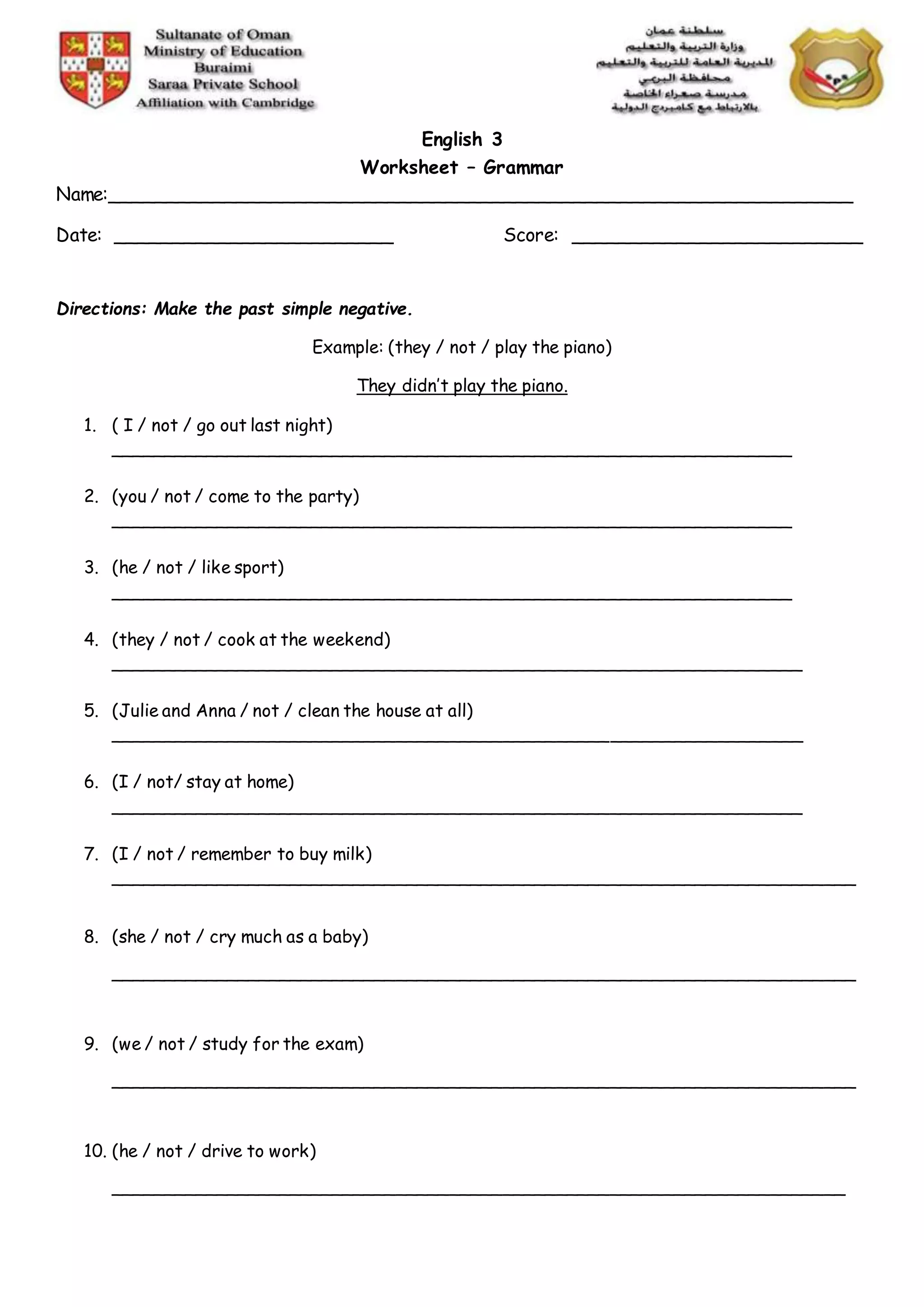 Grammar worksheet - Past simple negative | PDF