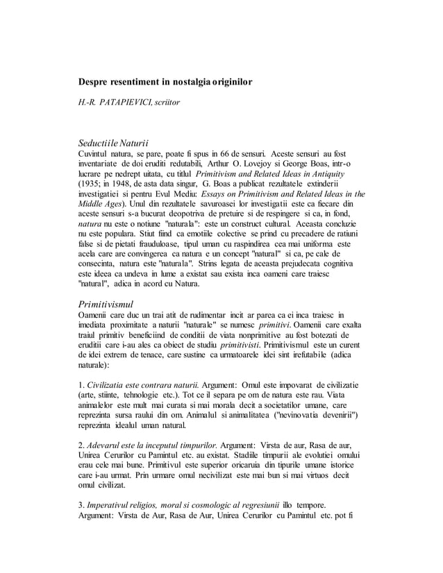 Patapievici, horia roman - despre resentiment in nostalgia originilor | PDF
