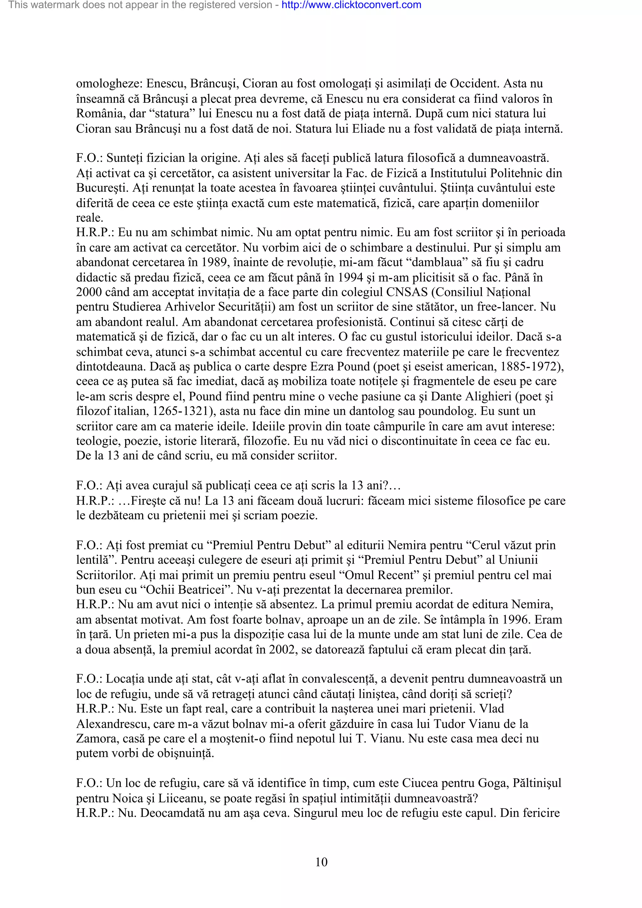 Patapievici, horia roman - interviu, oct 2006 - superb | PDF