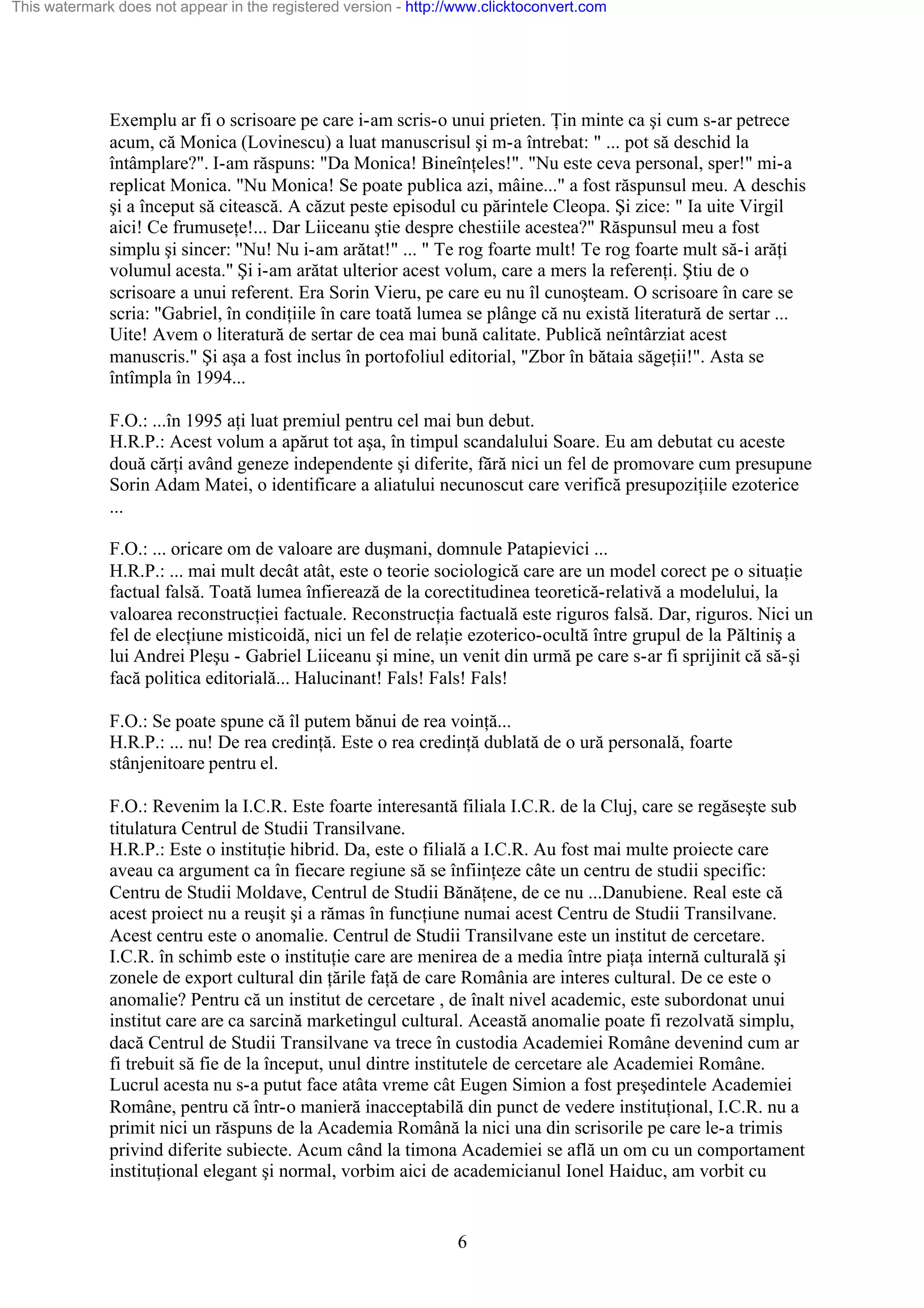 Patapievici, horia roman - interviu, oct 2006 - superb | PDF