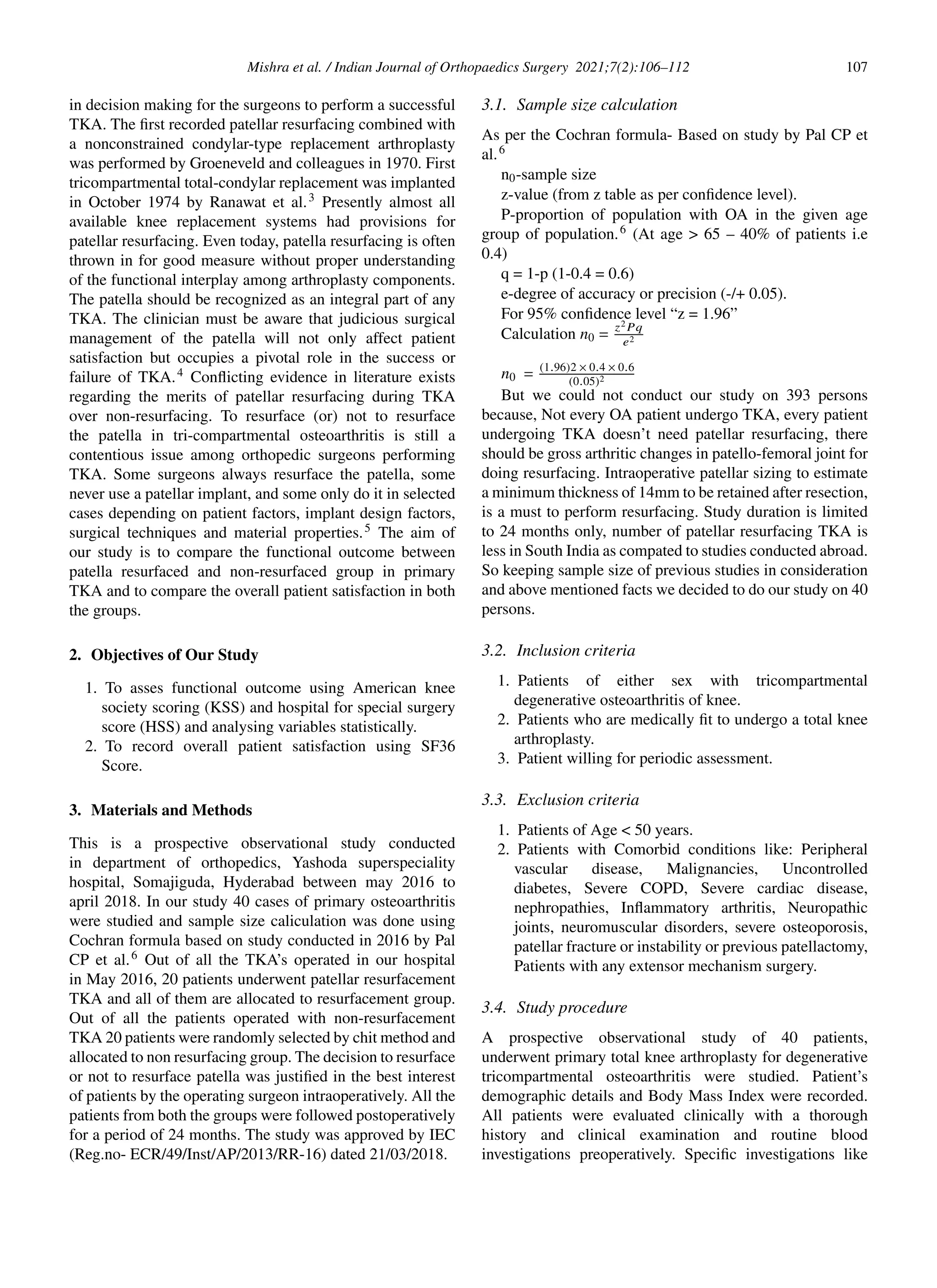 A prospective observational study on comparing the outcome of patellar ...