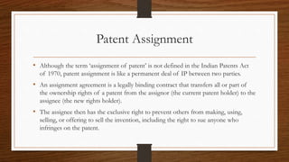 Patent Assignment and Licensing in India | PPTX