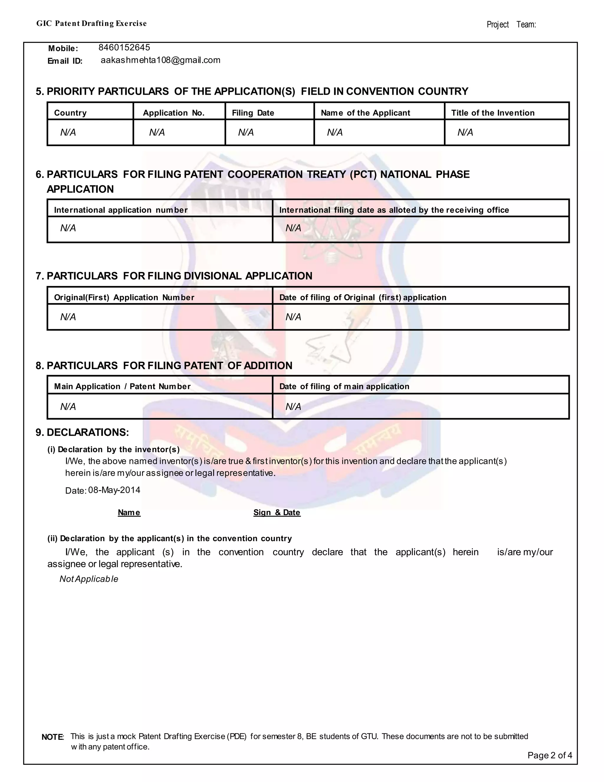 Patent drafting exercise gtu (pde gtu) | DOCX