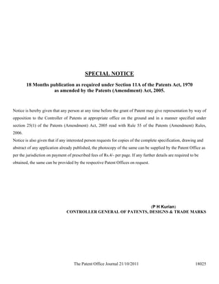 Patent office india published patent information - october 21st, 2011 | PDF