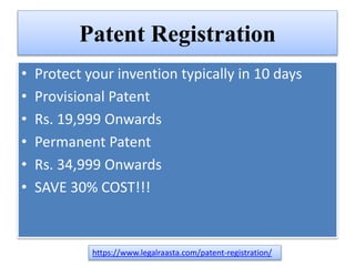 Patent Registration, Types, Cost | Legalraasta | PPTX