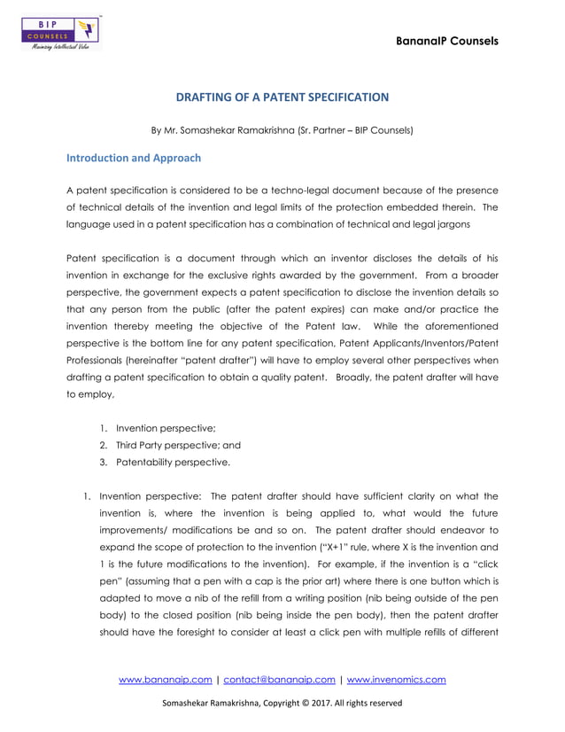 DRAFTING OF A PATENT SPECIFICATION | PDF