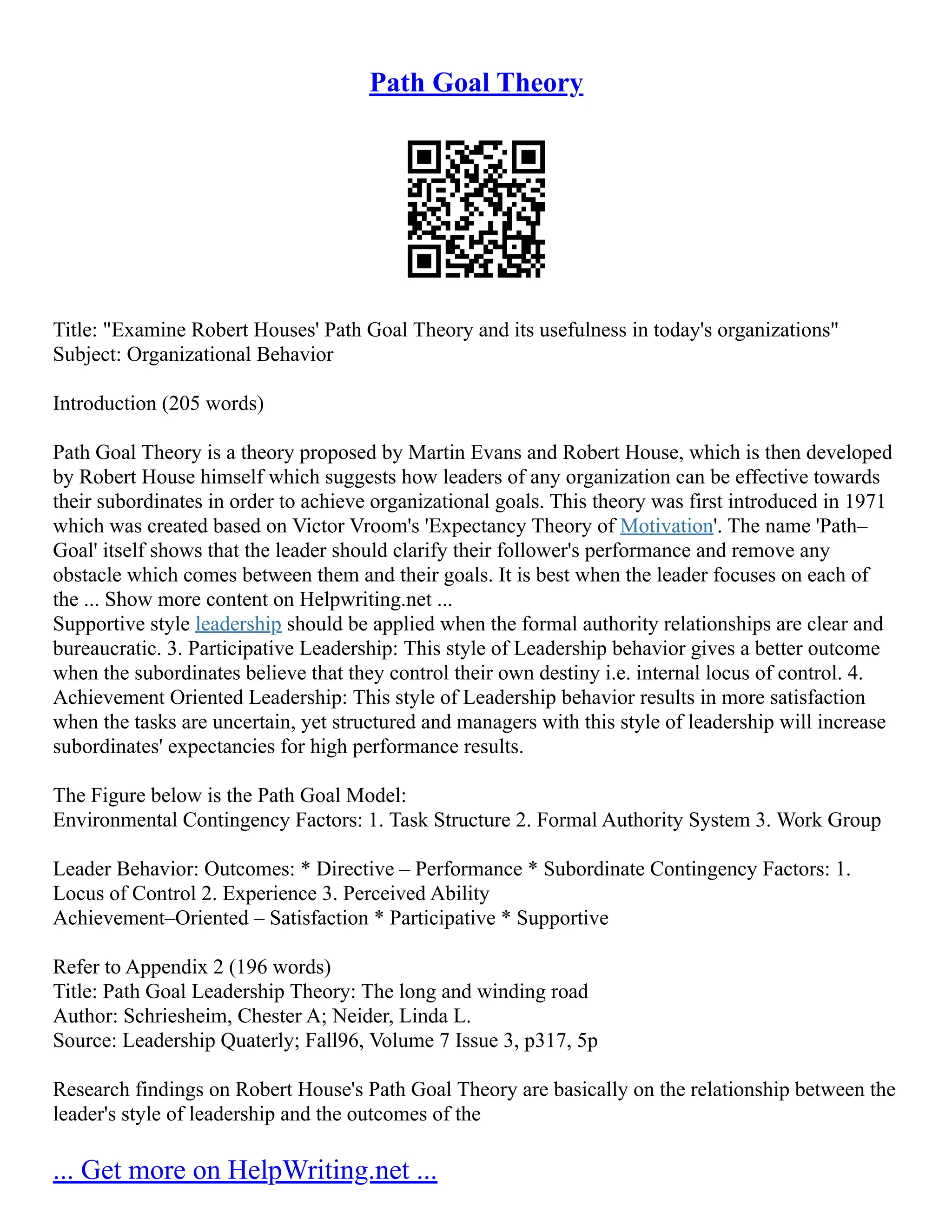 Path Goal Theory Of Leadership | PDF