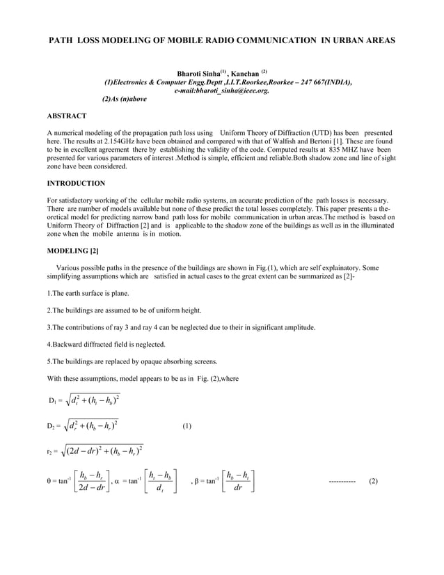 Path Loss Modeling Of Mobile Radio Communication In Urban Areas Pdf