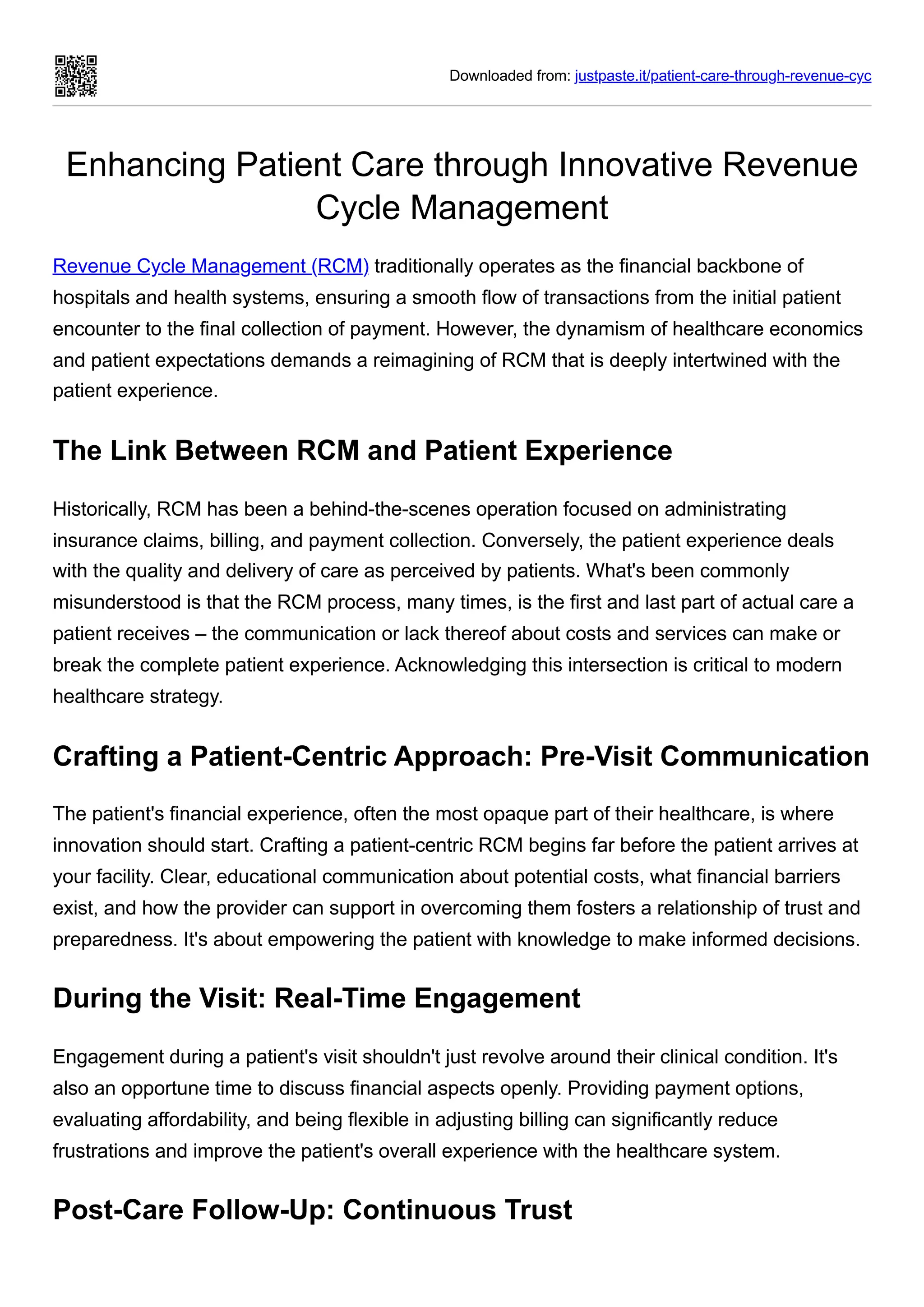 Enhancing Patient Care through Innovative Revenue Cycle Management | PDF