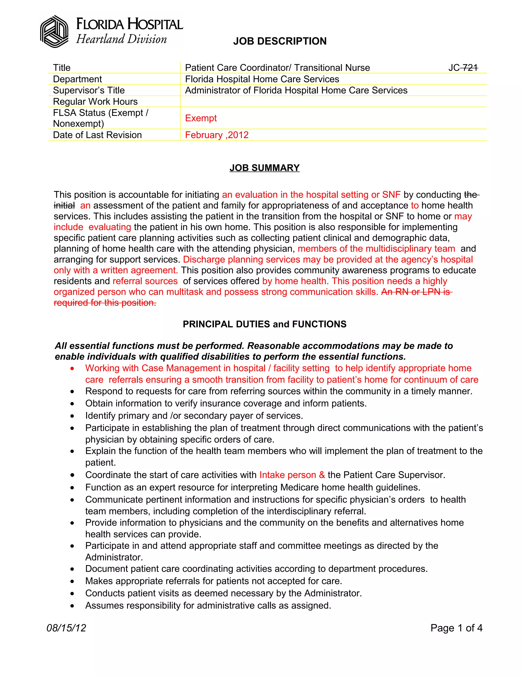 Patient care coordinator job description | DOC