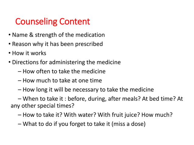 Patient Counselling. Definition of patient counseling; steps involved ...