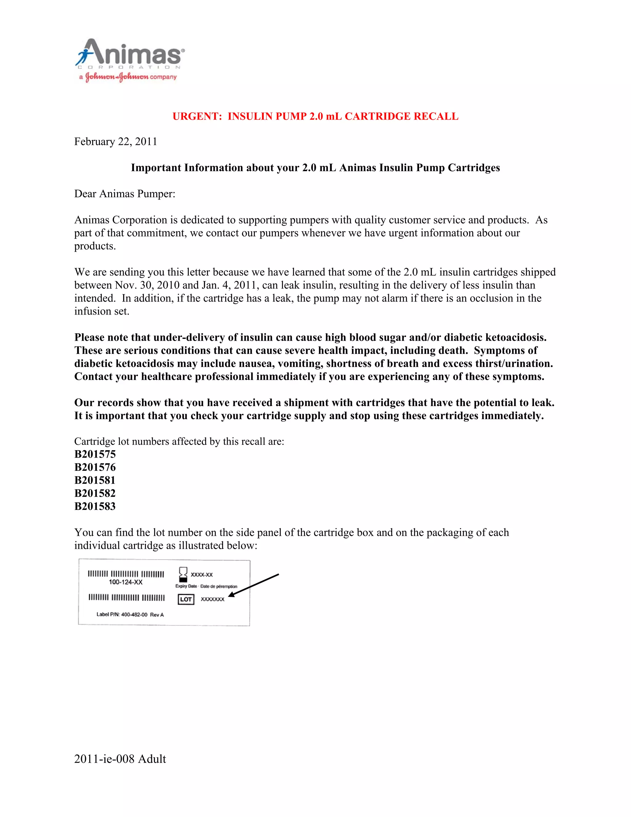 patient_letter_animas cartridge recall | PDF