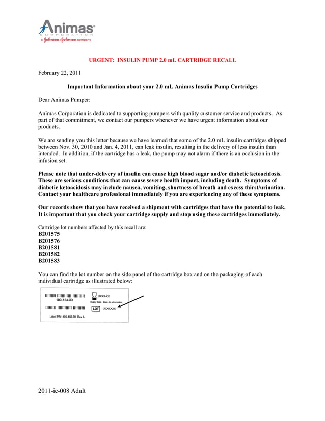 patient_letter_animas cartridge recall | PDF | Recalls | Consumer Issues