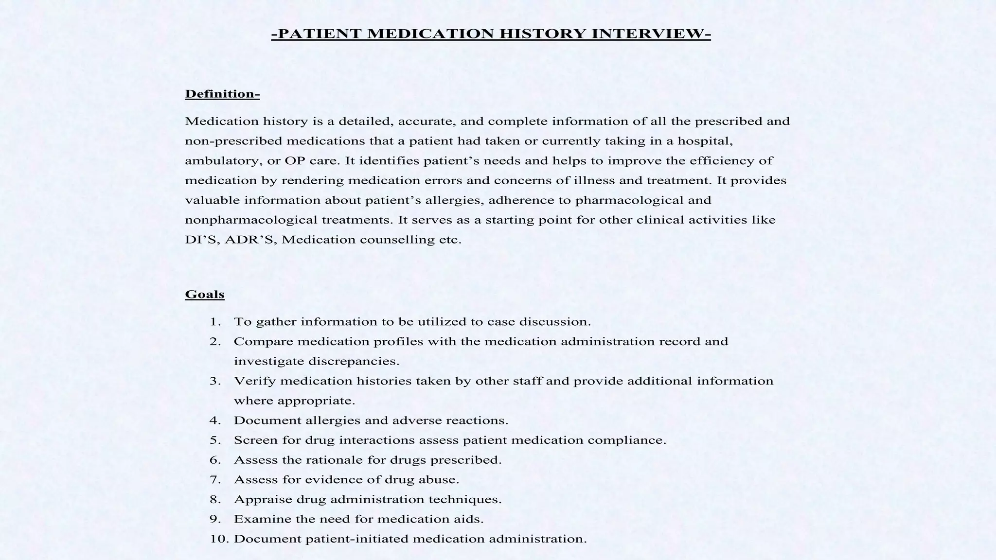 Patient Medication History Interview. | PDF