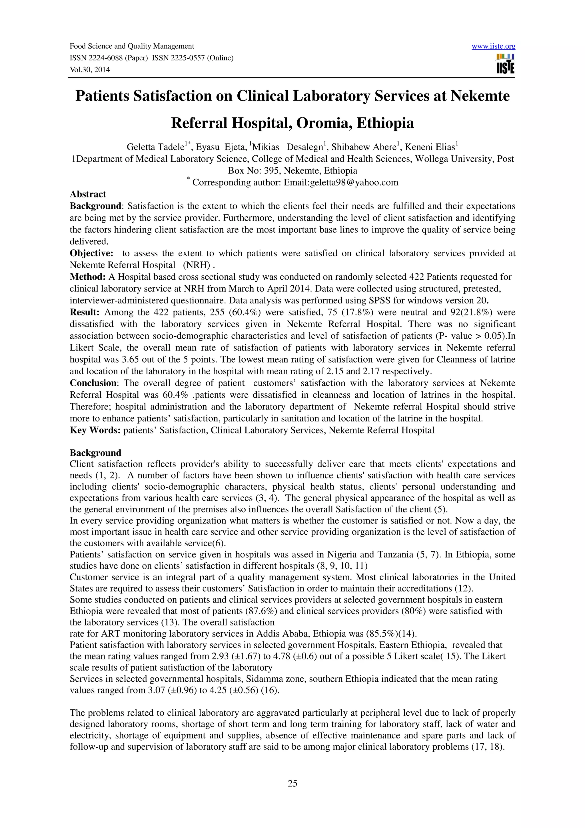 Patients satisfaction on clinical laboratory services at nekemte | PDF