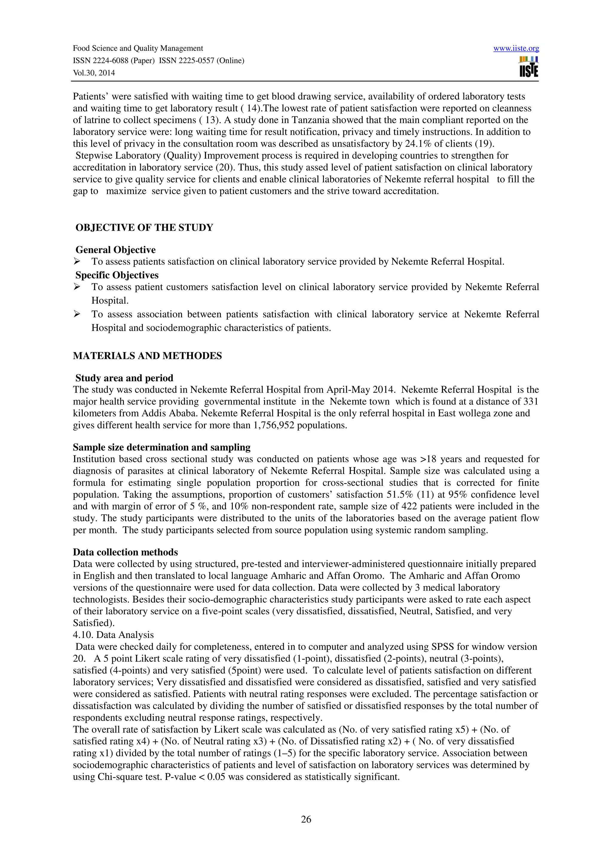 Patients satisfaction on clinical laboratory services at nekemte | PDF