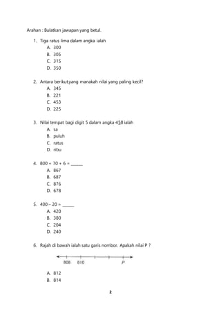 MATEMATIK TAHUN 2 KERTAS 1 | DOCX