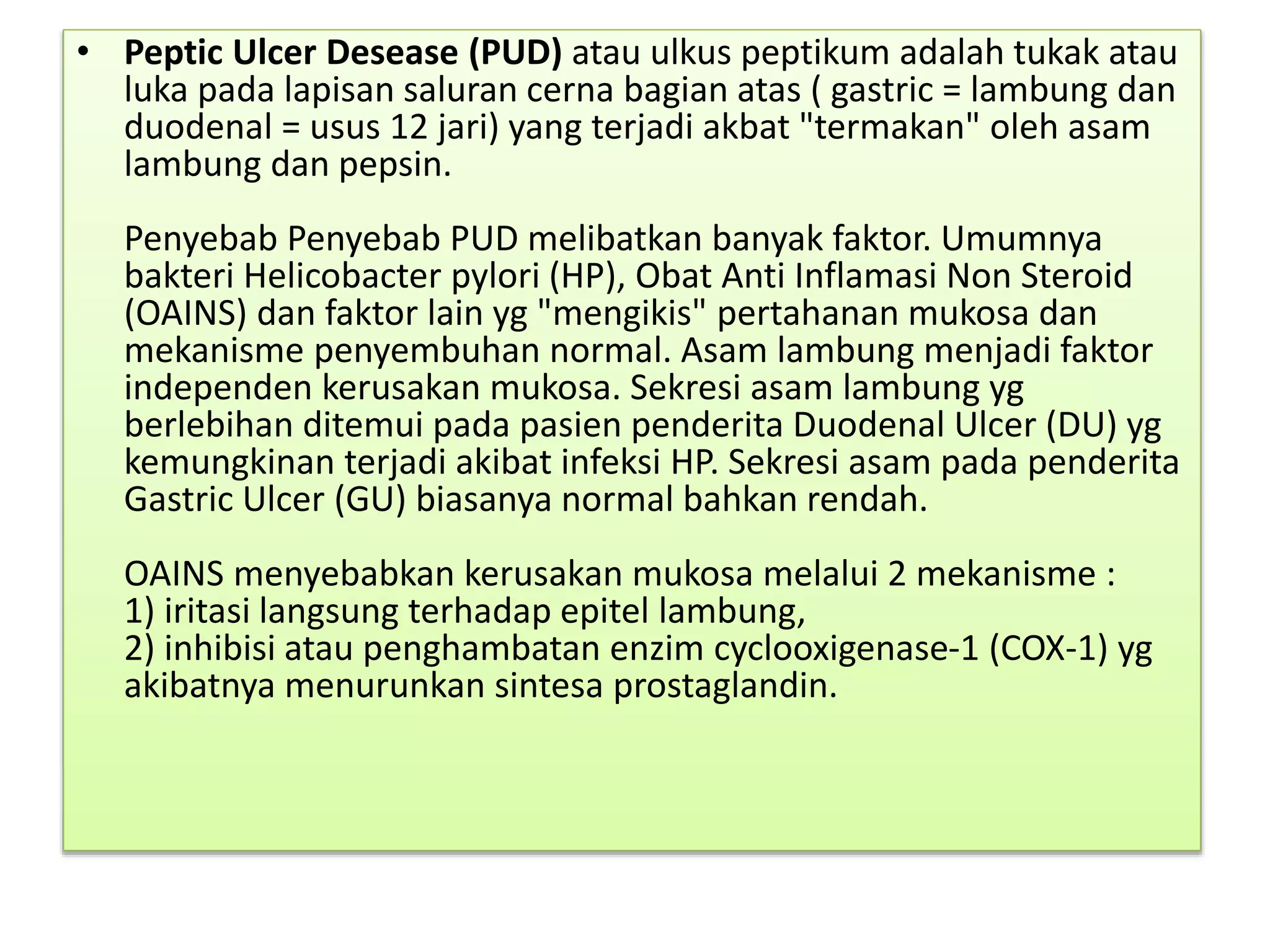 PEPTIC ULCER TUKAK LAMBUNG Patofisiologi peptic ulcer | PPTX
