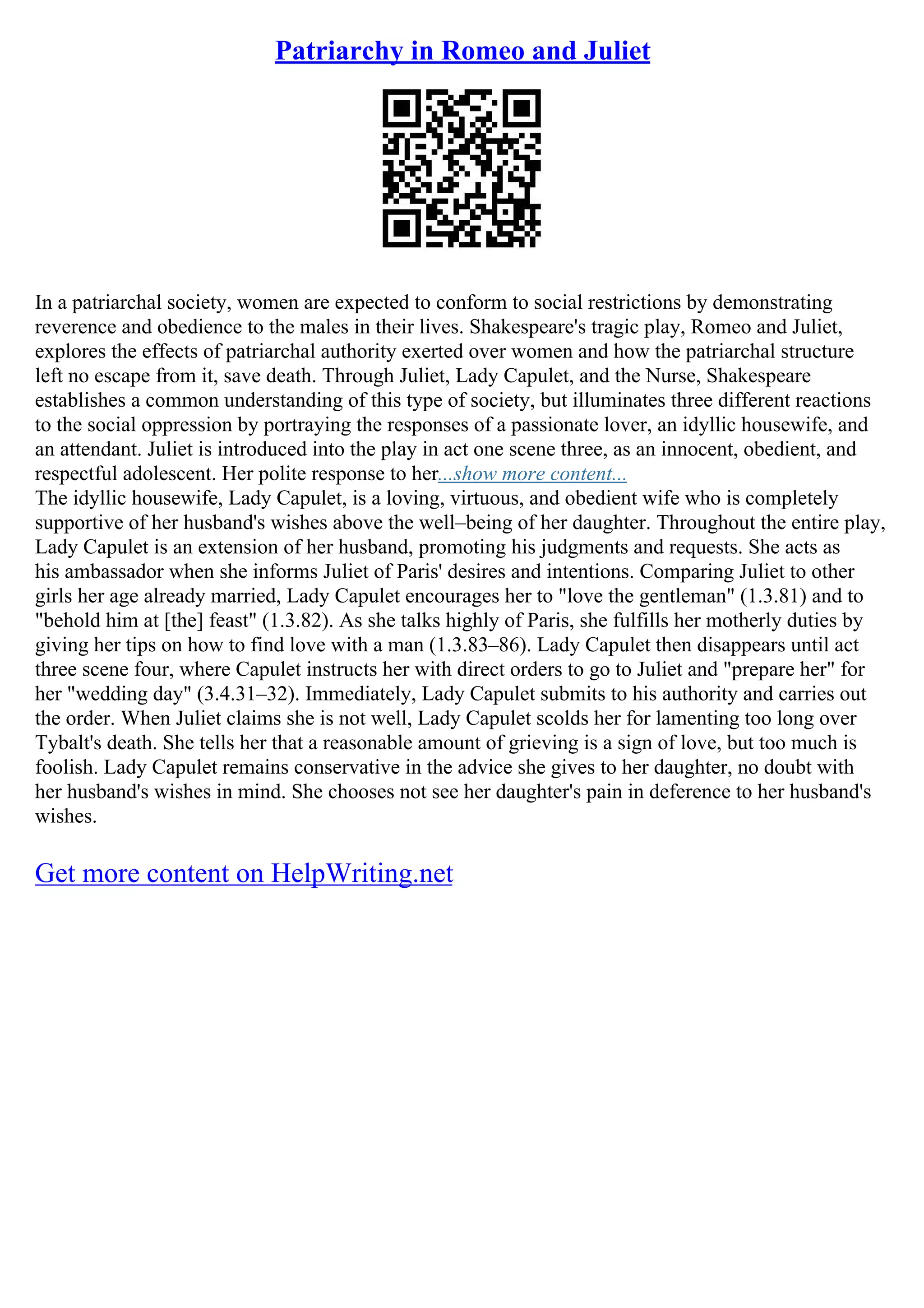 Patriarchy In Romeo And Juliet | PDF