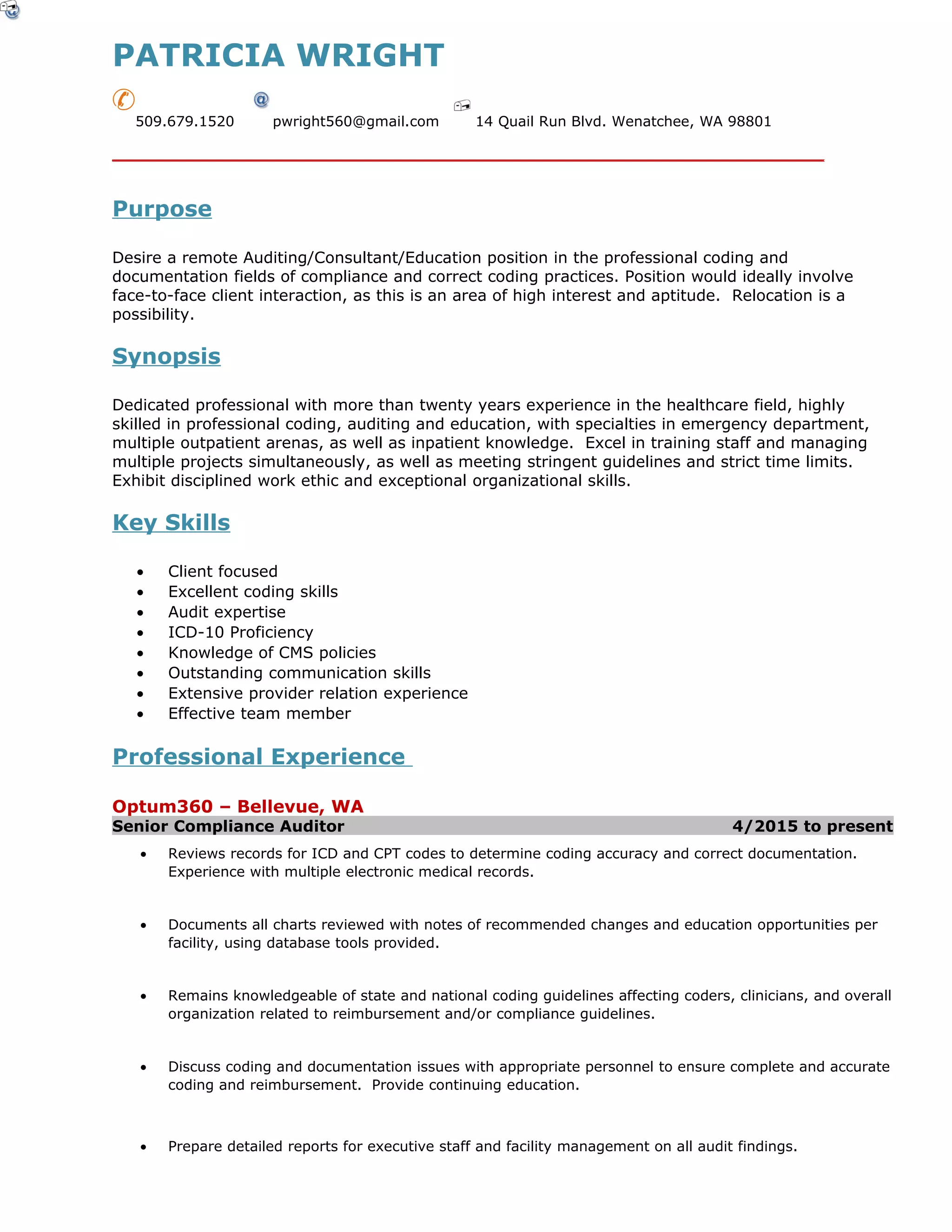 Patricia wright resume 2015 | ODT