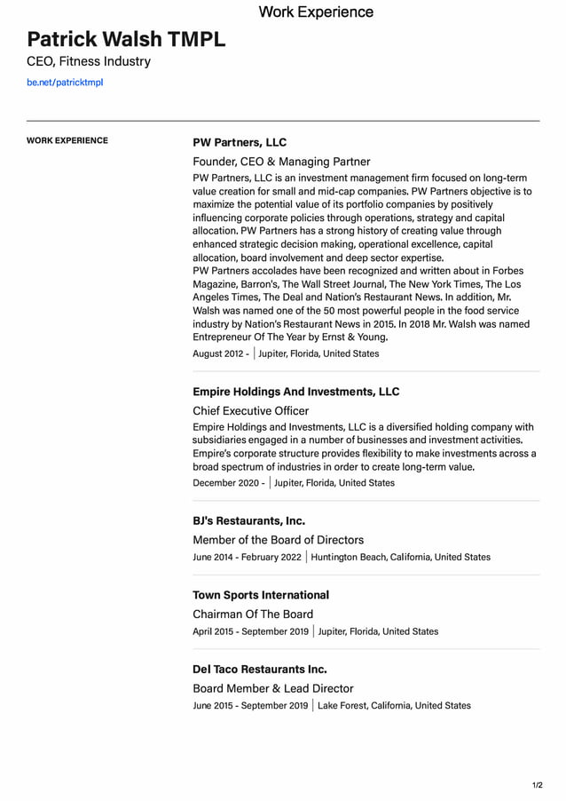 Patrick Walsh TMPL - Bio, Work Experience, Education & Skills | PDF