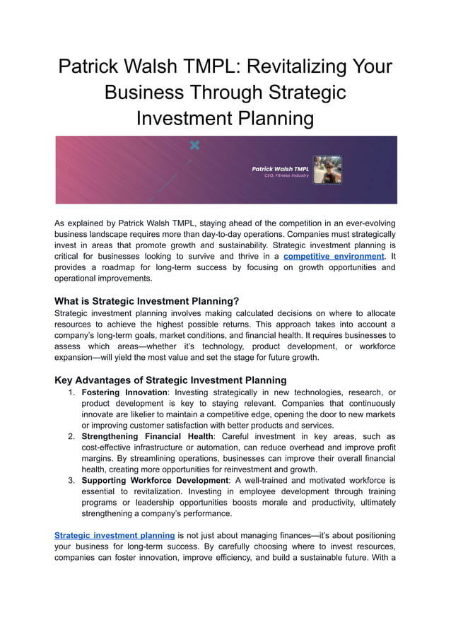 Patrick Walsh TMPL_ Revitalizing Your Business Through Strategic Investment Planning.pdf | Free ...