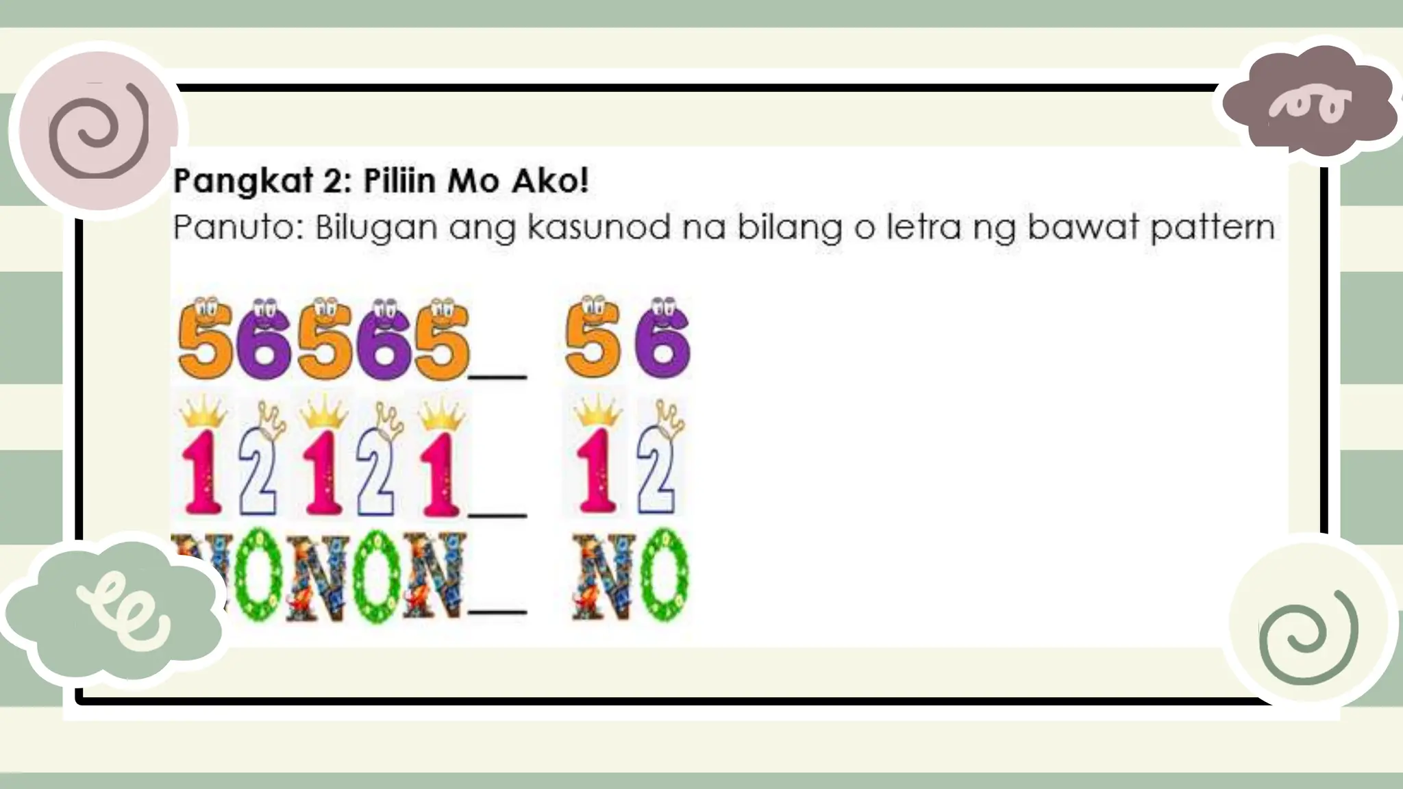 Determines the missing term/s in a given continuous pattern using one attribute (letters ...