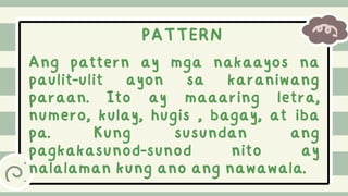 Determines the missing term/s in a given continuous pattern using one attribute (letters ...
