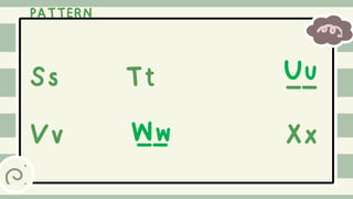 Determines the missing term/s in a given continuous pattern using one attribute (letters ...