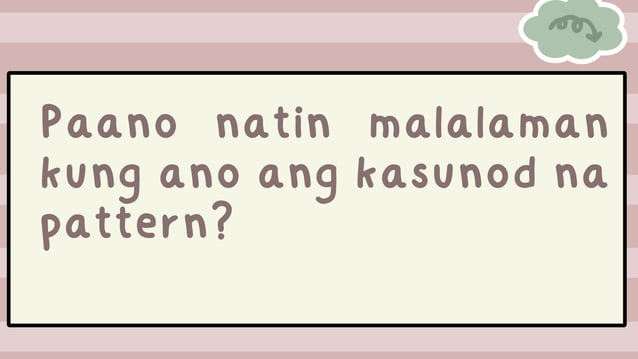 Determines the missing term/s in a given continuous pattern using one attribute (letters ...