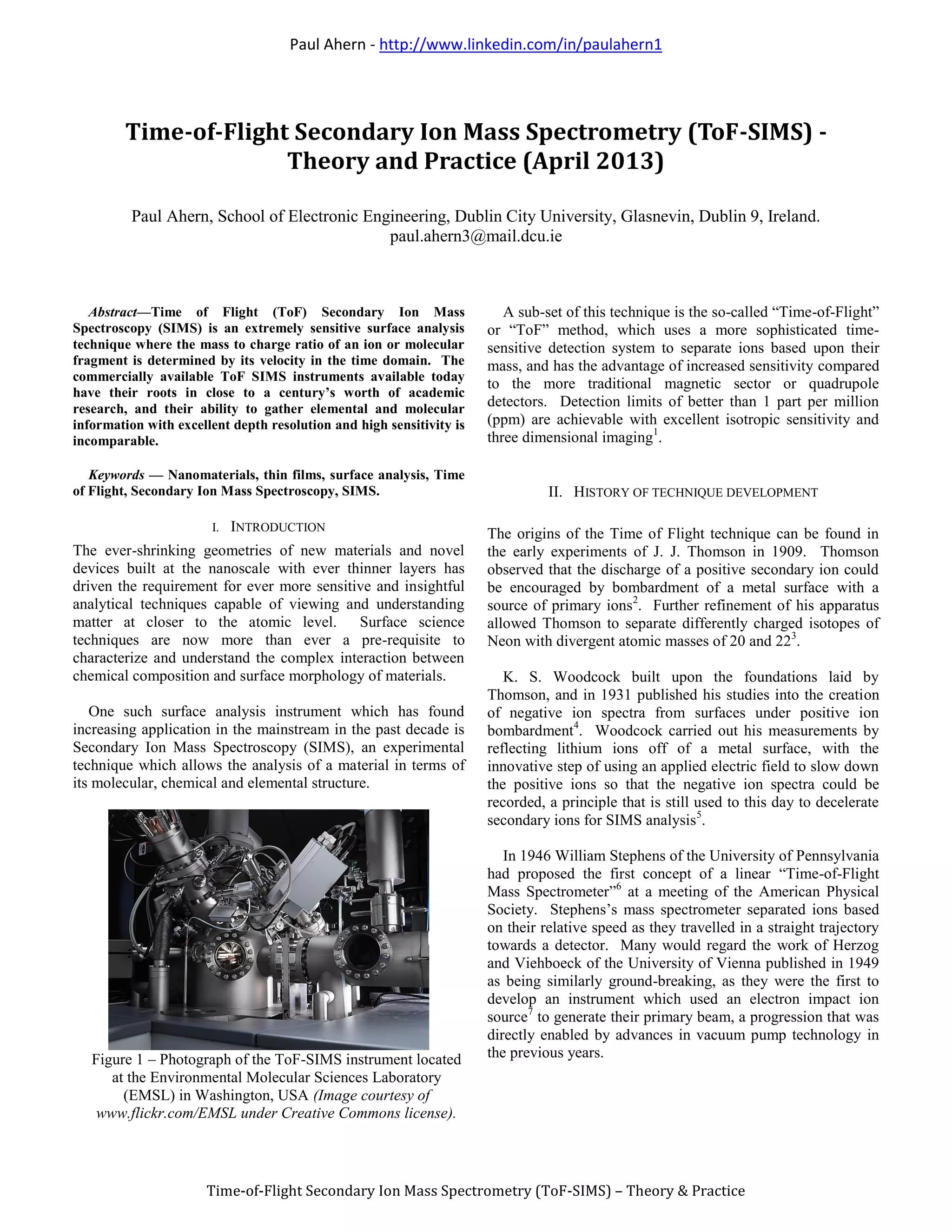 Paul Ahern - Time of Flight Secondary Ion Mass Spectroscopy [ToF-SIMS ...