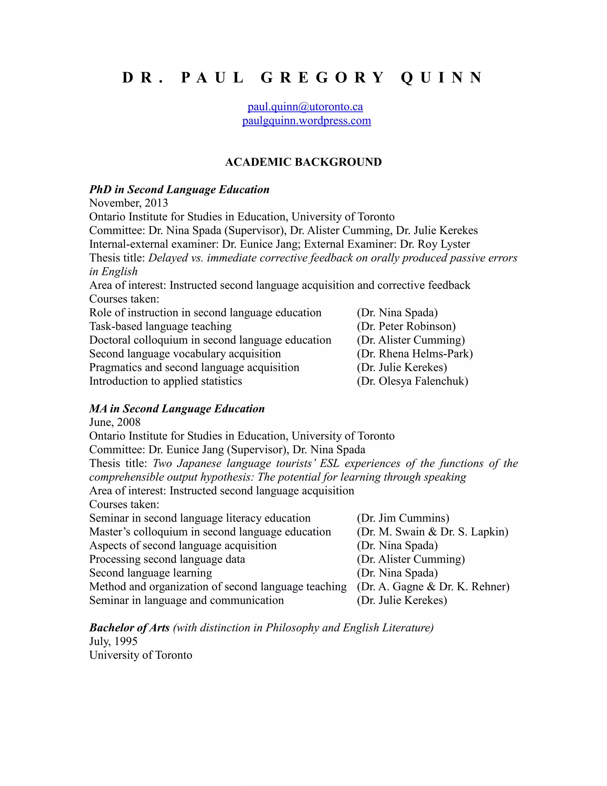 Paul Gregory Quinn Curriculum Vitae | PDF