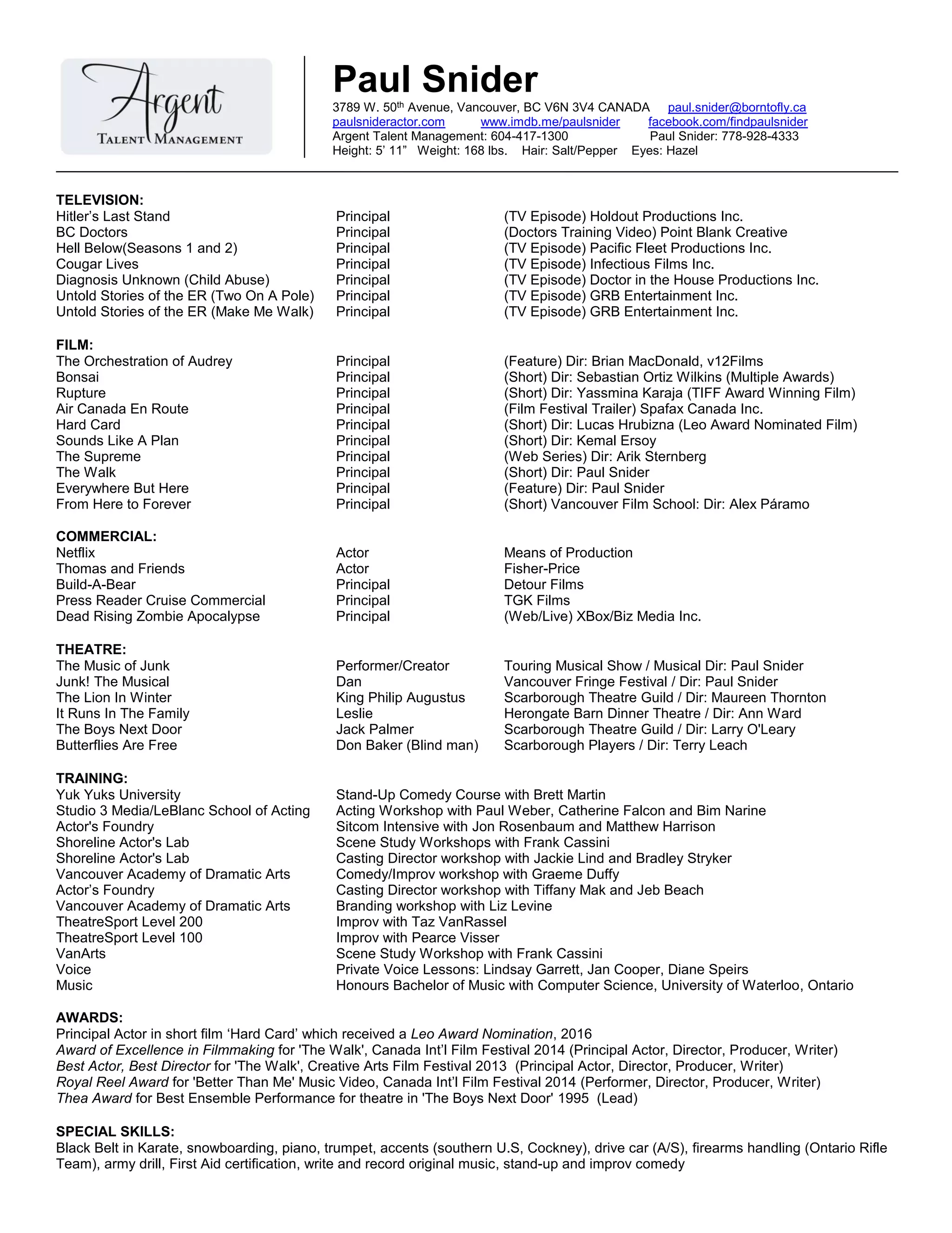 Paul snider Acting Resume | PDF
