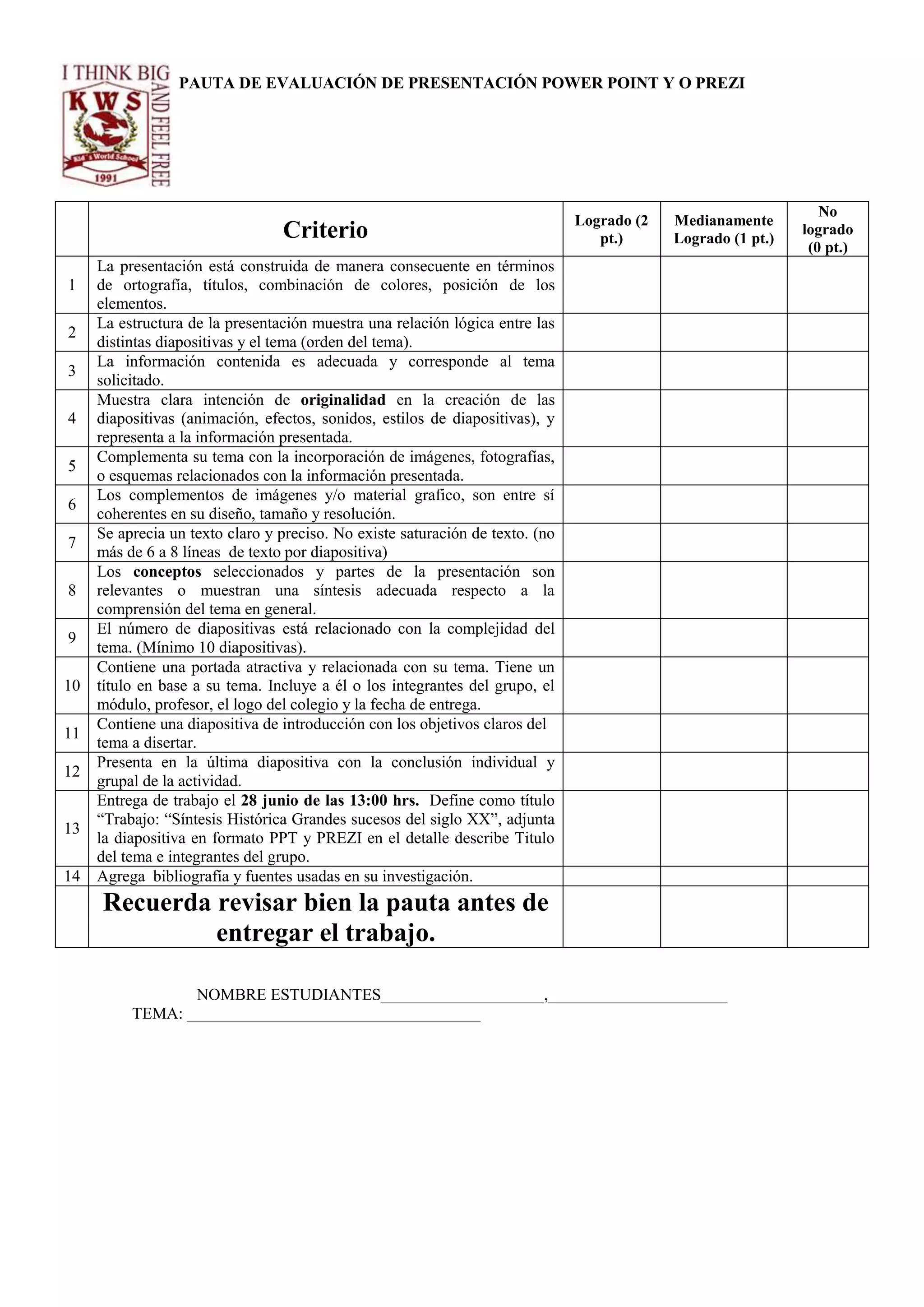 Pauta trabajo primero medio | DOCX