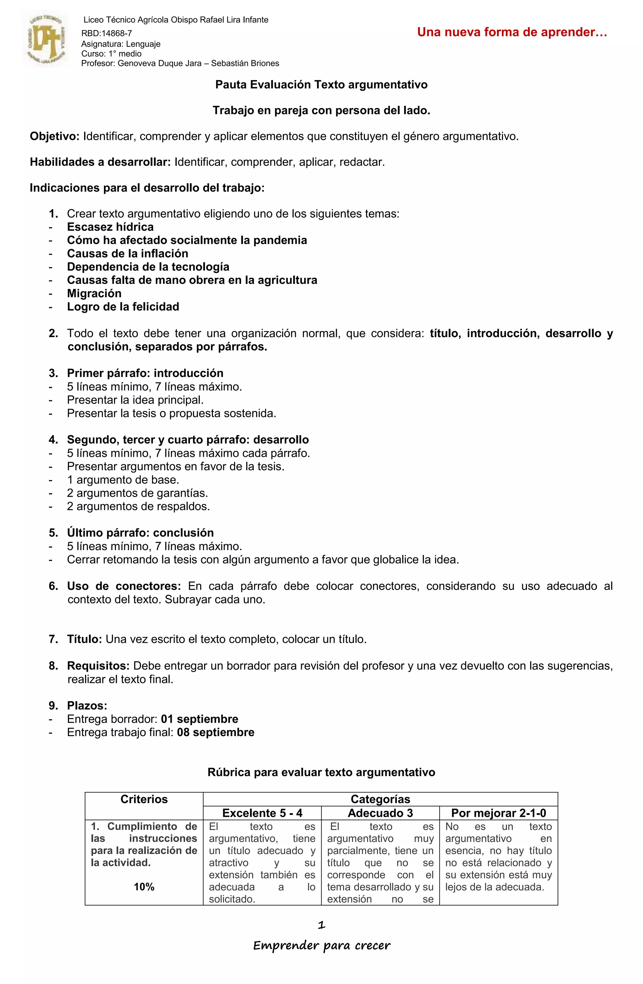 Pauta y Rúbrica argumentación primero medio.doc